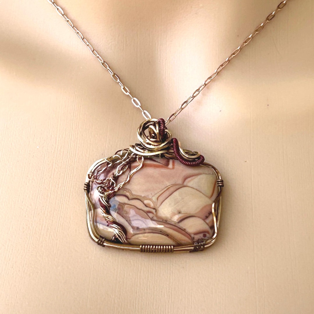 Wave Dolomite Tree of Life Pendant: Gold Wire Wrapped Gemstone Necklace ...