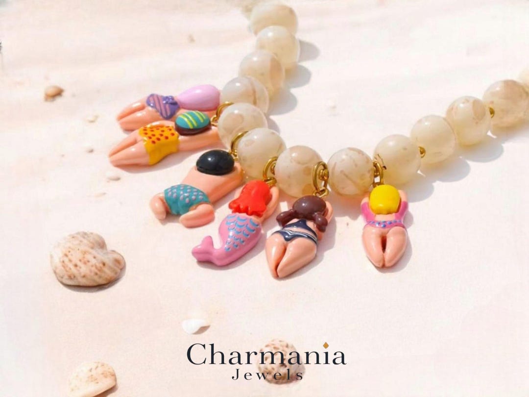 Fancy Beaded Necklace With Swimsuit Silhouette Charms, 18K Gold-plated ...