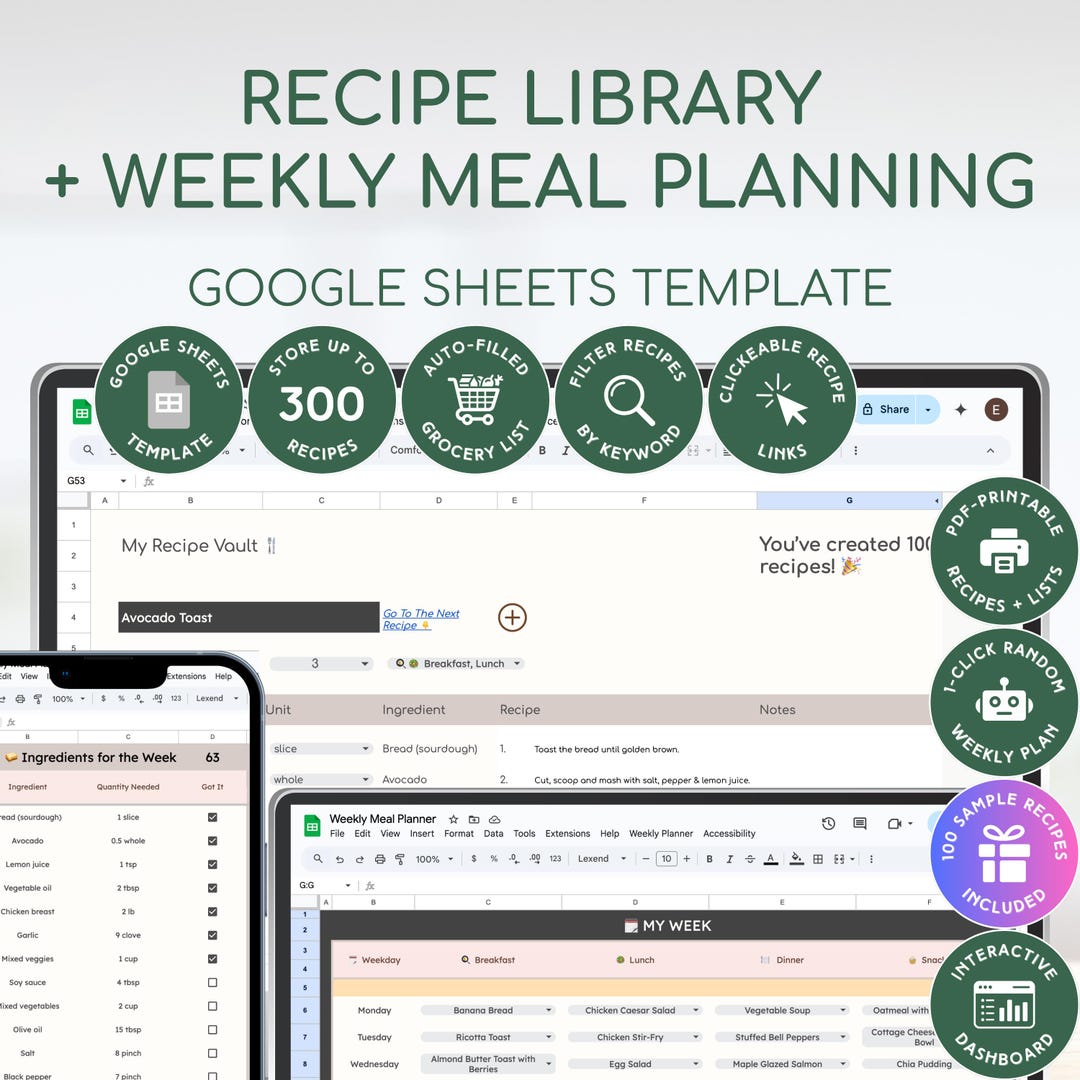 Weekly Meal Planner & Grocery List | Recipe Organizer Template for ...