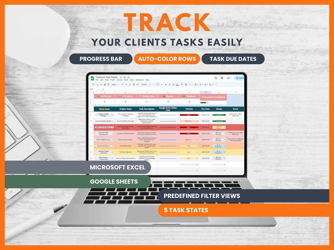 Project Tracker Template for Freelancers – Google Sheets + Excel Task ...