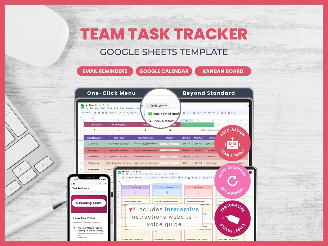 Team Task Tracker | Google Sheets, Google Calendar Sync (digital ...