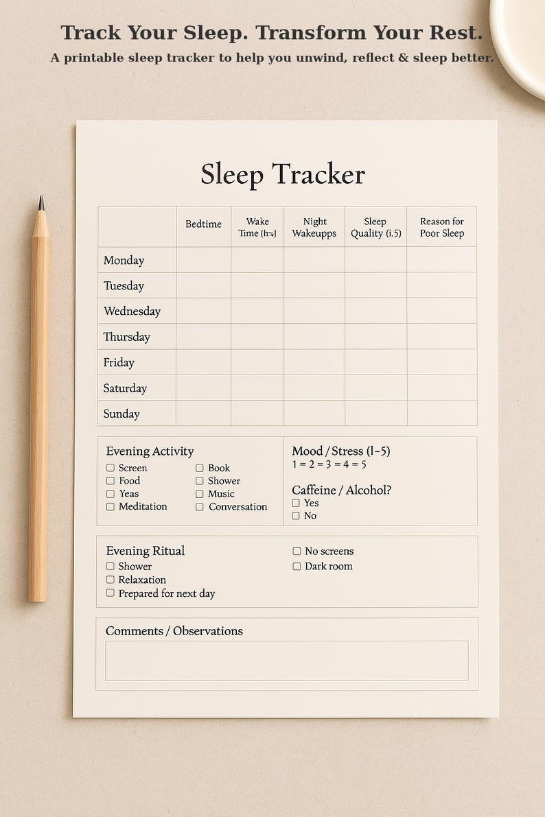 Monthly Sleep Tracker | A4 Printable Template | Self-care Wellness ...