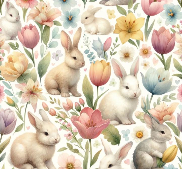 Spring Bunny Meadow Cotton Fabric Watercolor Rabbits & Tulips 100% ...