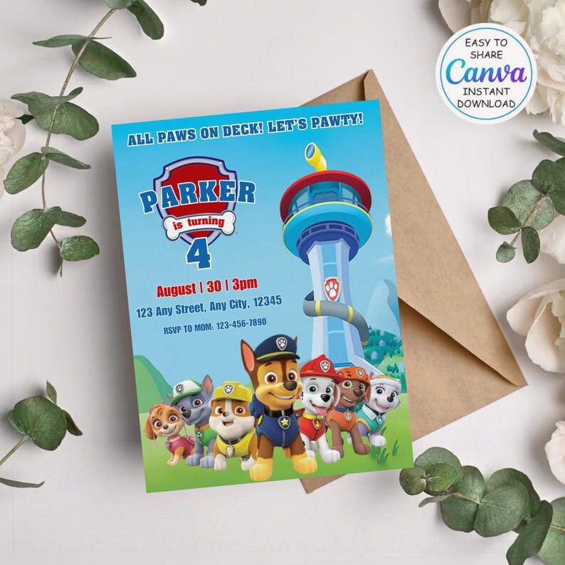 Editable Paw-ty Birthday Invitation Template | Puppy Patrol Pup Crew ...