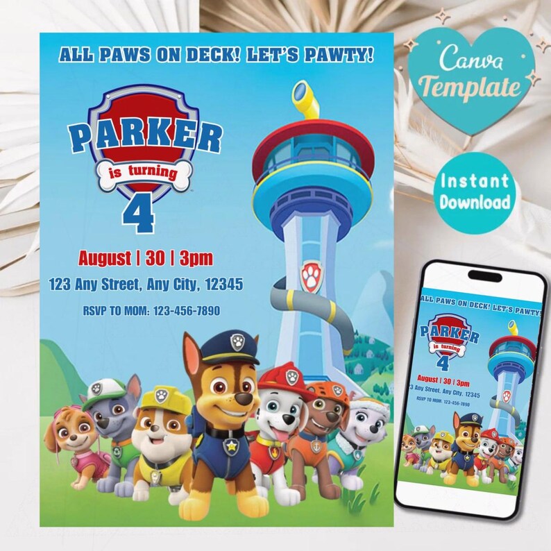 Editable Paw-ty Birthday Invitation Template | Puppy Patrol Pup Crew ...