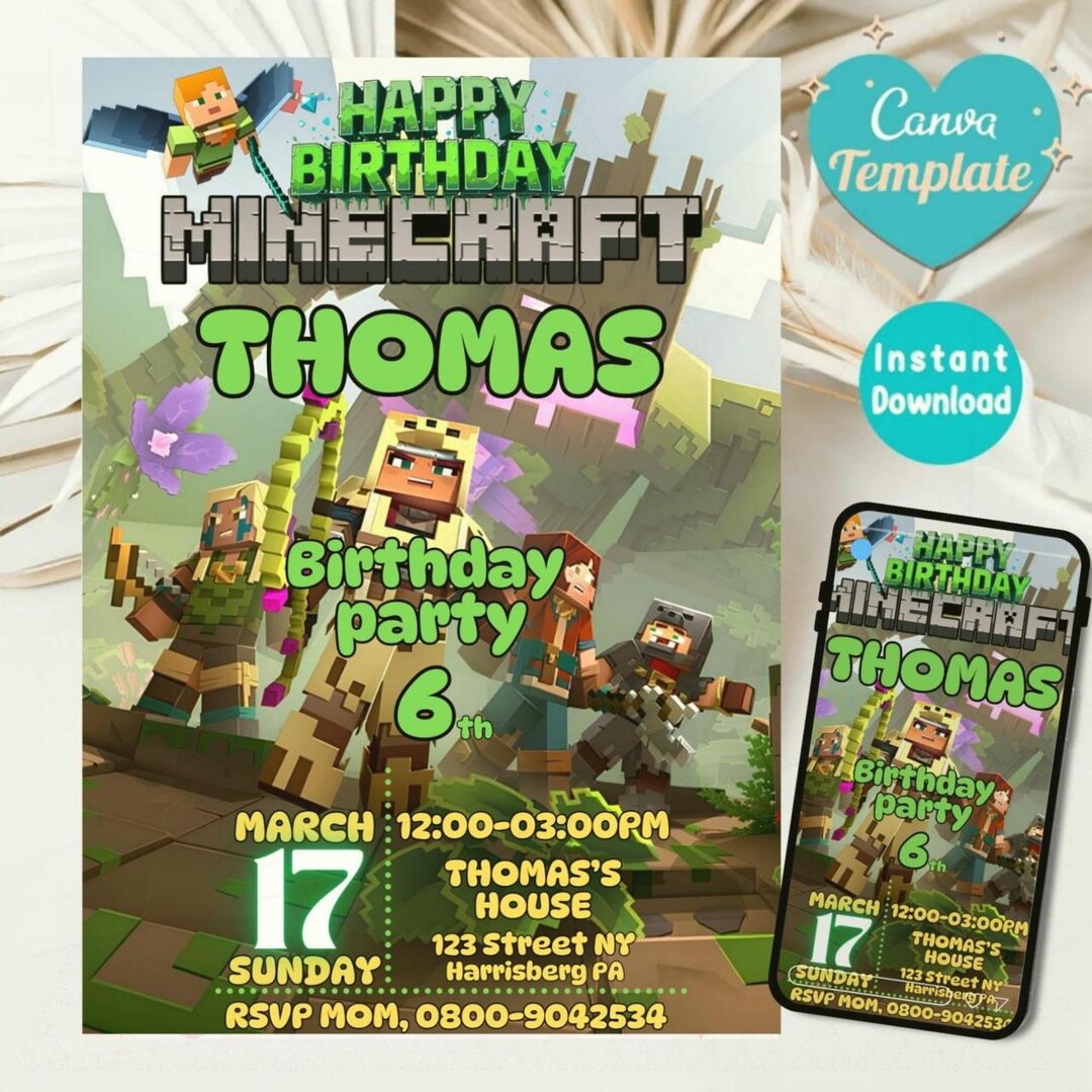Editable Pixel Birthday Invitation Block Party Invite Gamer Birthday ...