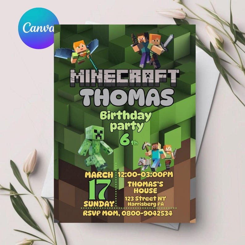 Editable Pixel Birthday Invitation Block Party Invite Gamer Birthday ...