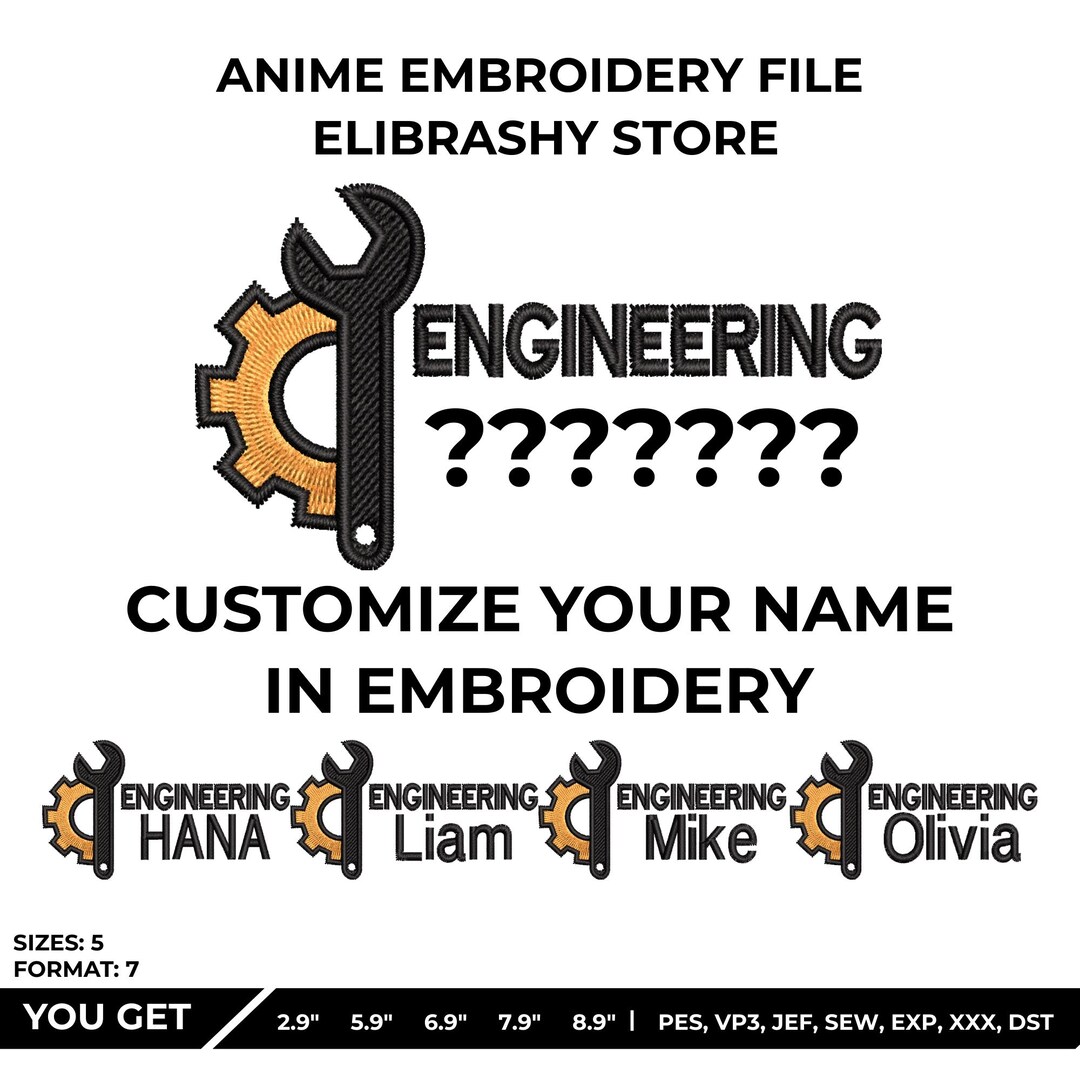 Custom Engineering Name Embroidery Design – Personalized Engineer Logo ...