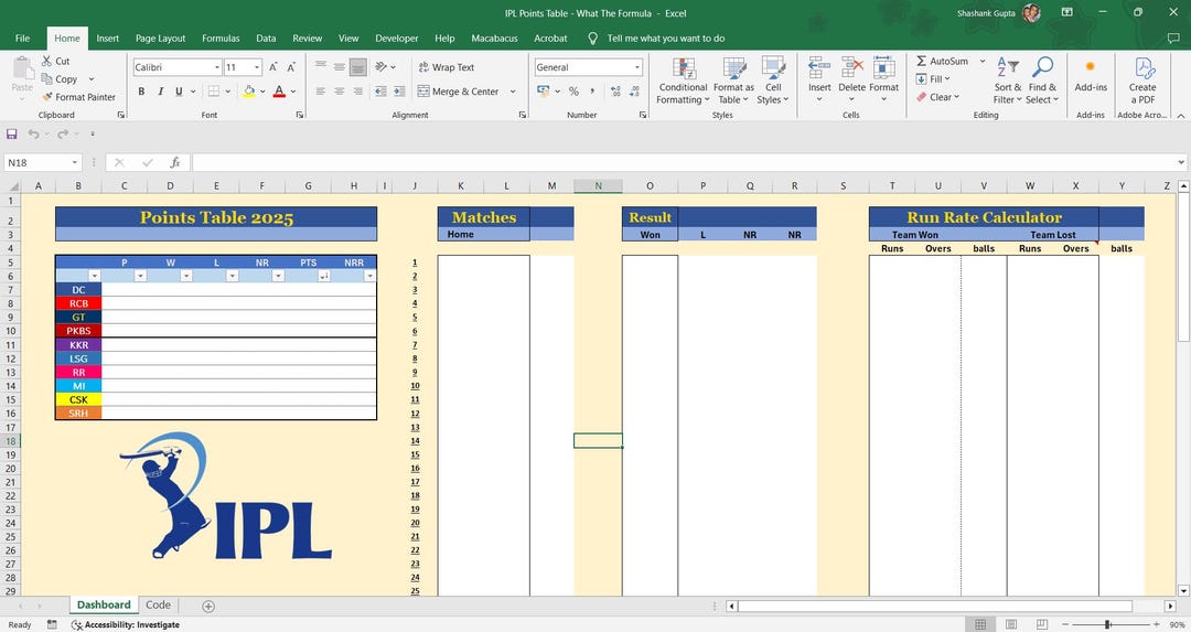 IPL Points Table - Blank Template - Microsoft Excel - Etsy
