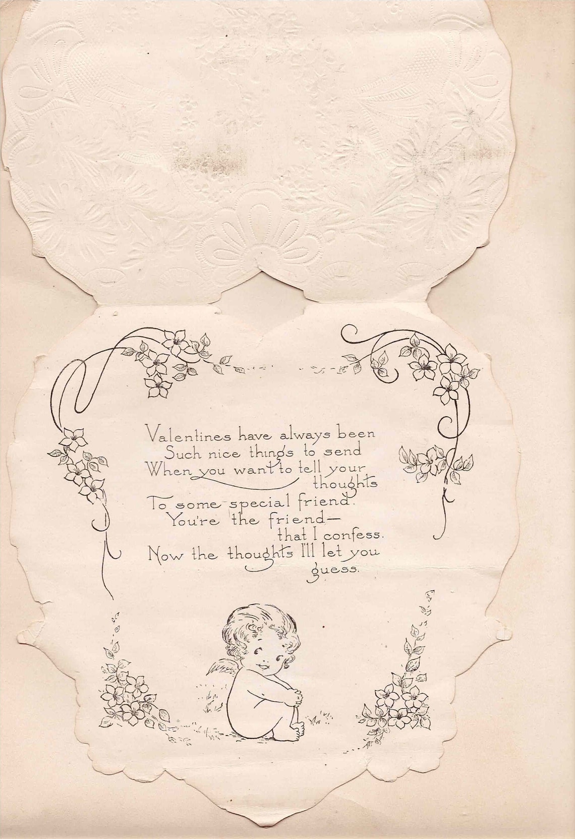 Antique Valentine Card With Embossed Art Deco Floral Print and Trimmed ...