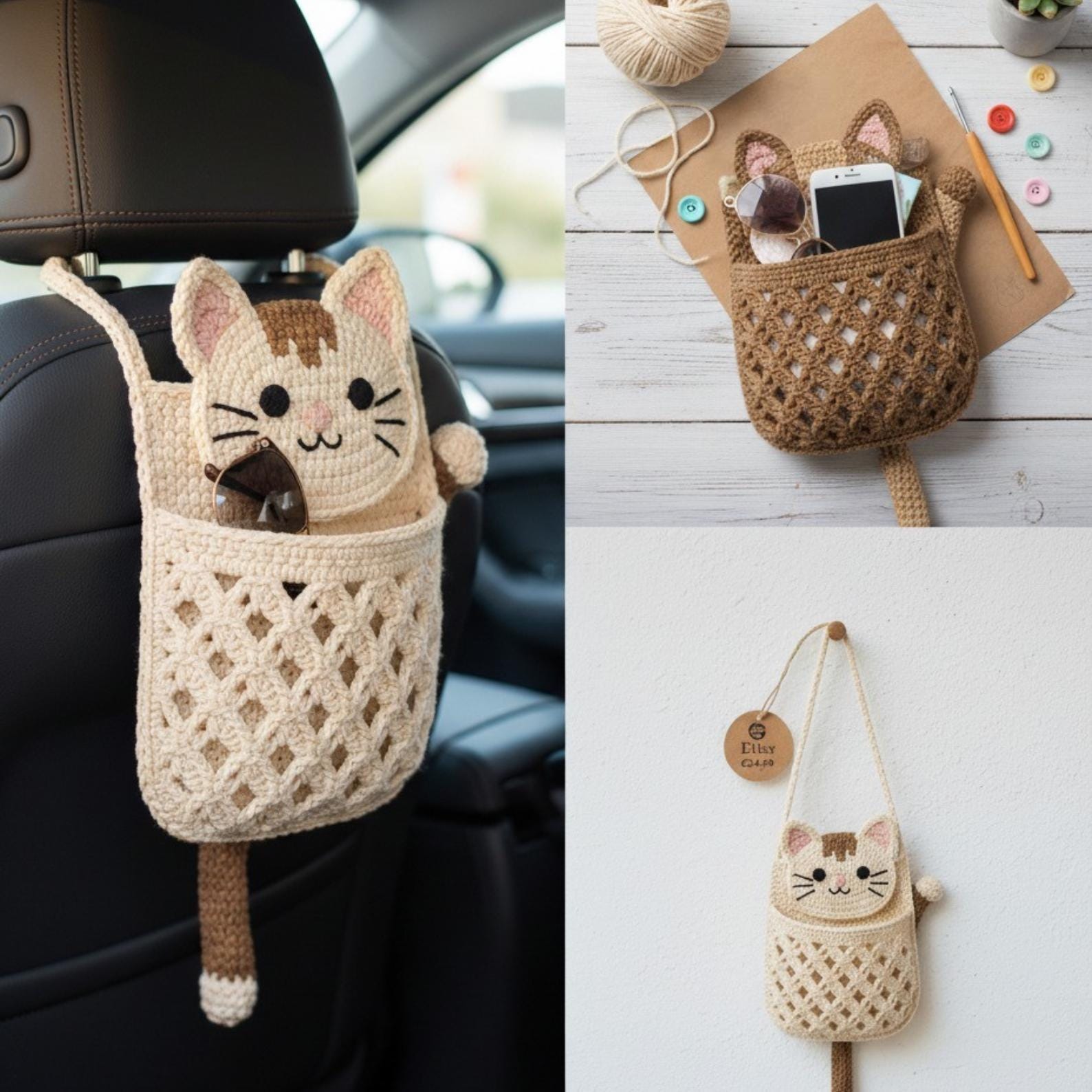 Crochet Cat Car Organizer Pattern | Amigurumi Pocket PDF | Makeup Brush ...