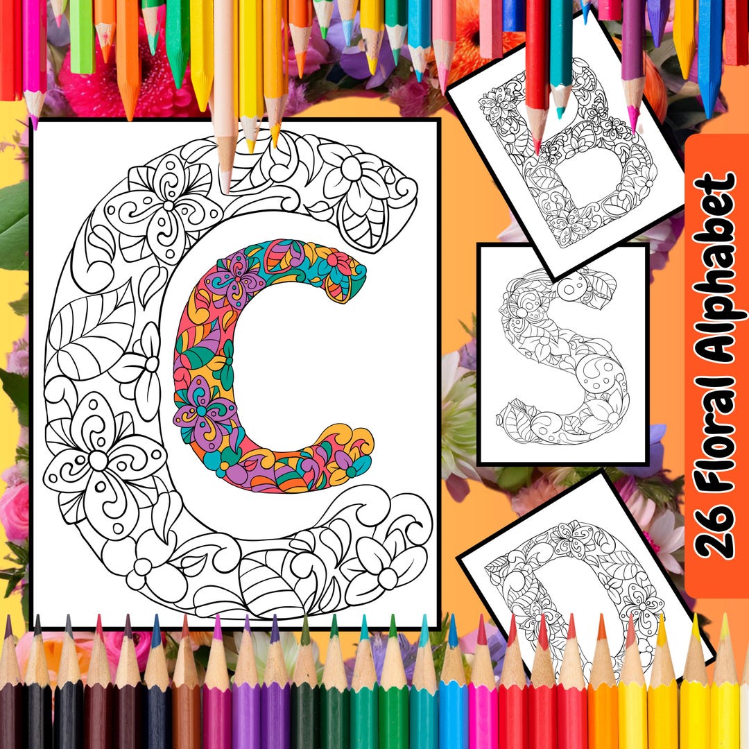 Floral Alphabet Coloring Pages, Flower Coloring Pages, Kids and Adults ...