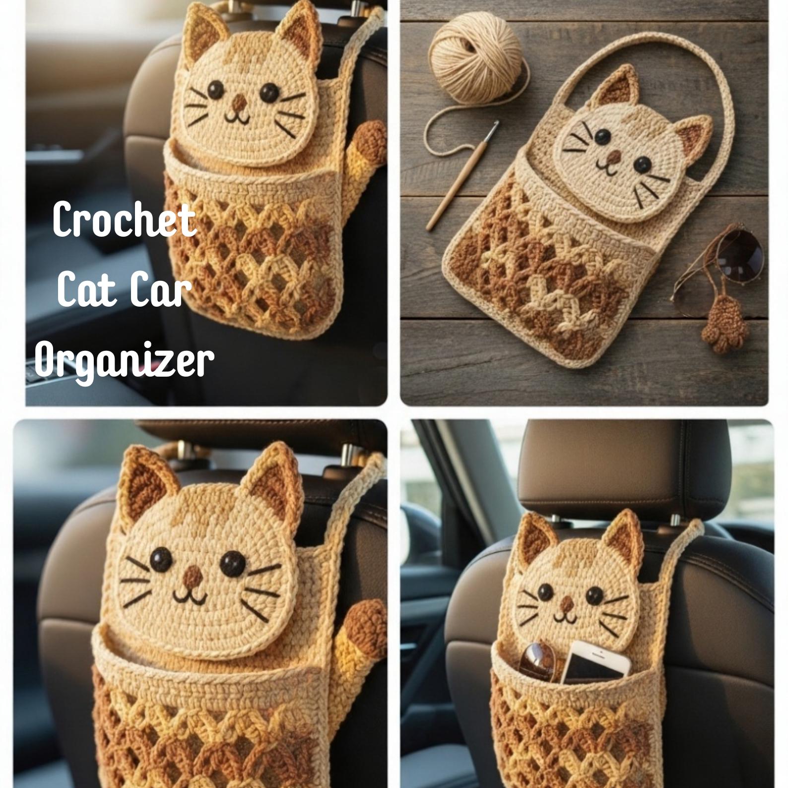 Crochet Cat Car Organizer Pattern | Amigurumi Pocket PDF | Makeup Brush ...