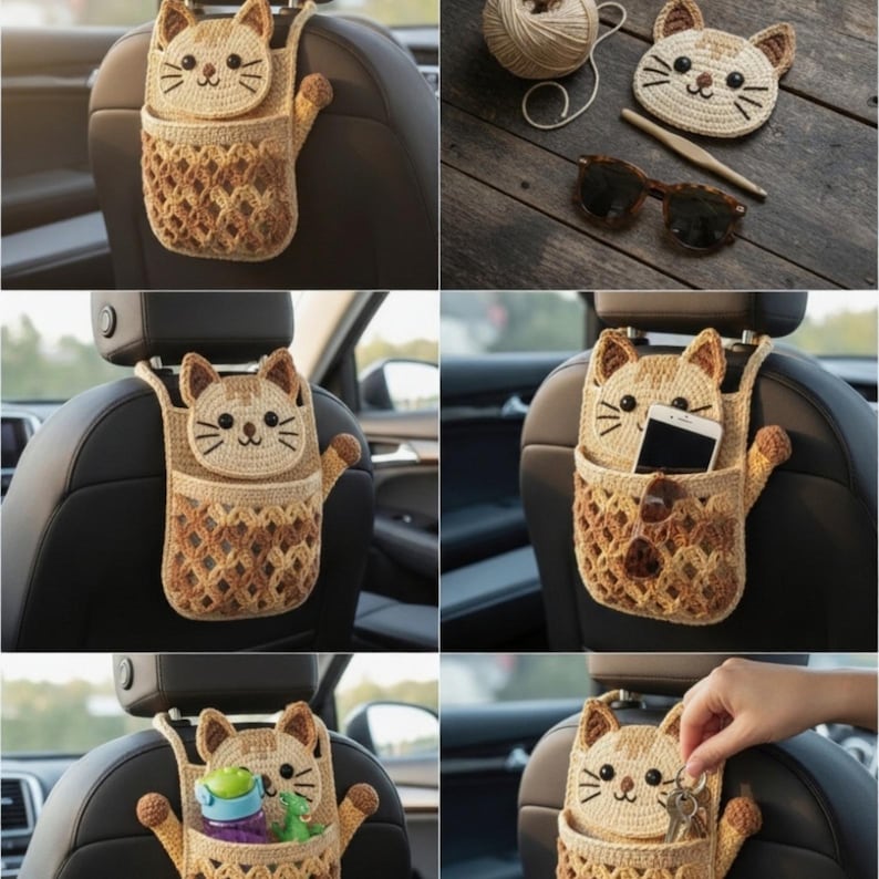Crochet Cat Car Organizer Pattern | Amigurumi Pocket PDF | Makeup Brush ...