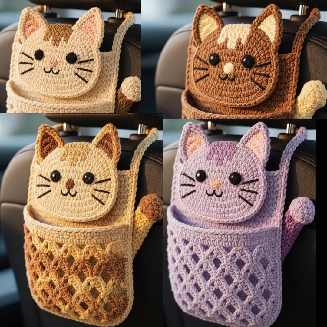 Crochet Cat Car Organizer Pattern | Amigurumi Pocket PDF | Makeup Brush ...