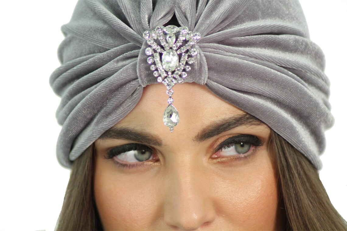Flapper Turban / Crystal Turban Hat / Grey Velvet Turban / - Etsy