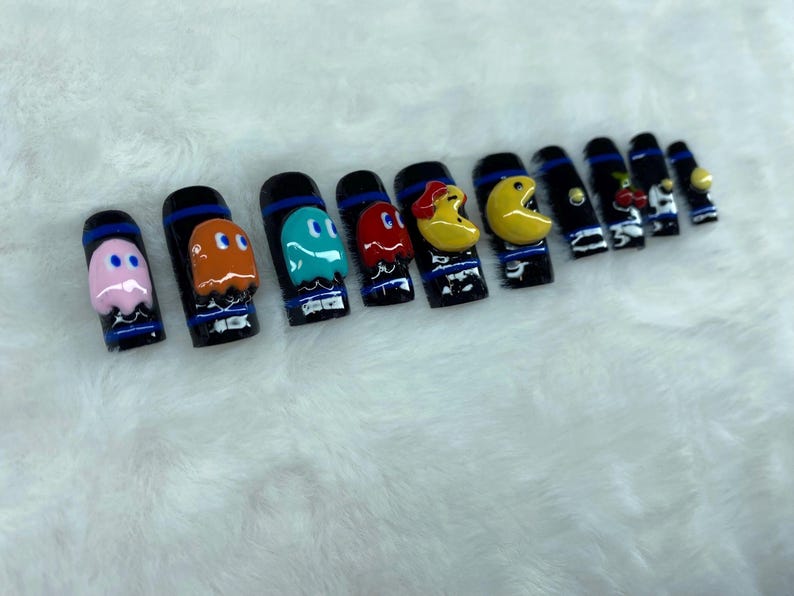 3D Pacman/mrs.pacman Press on Nails - 3D Art Pacman and Ghosts Retro ...