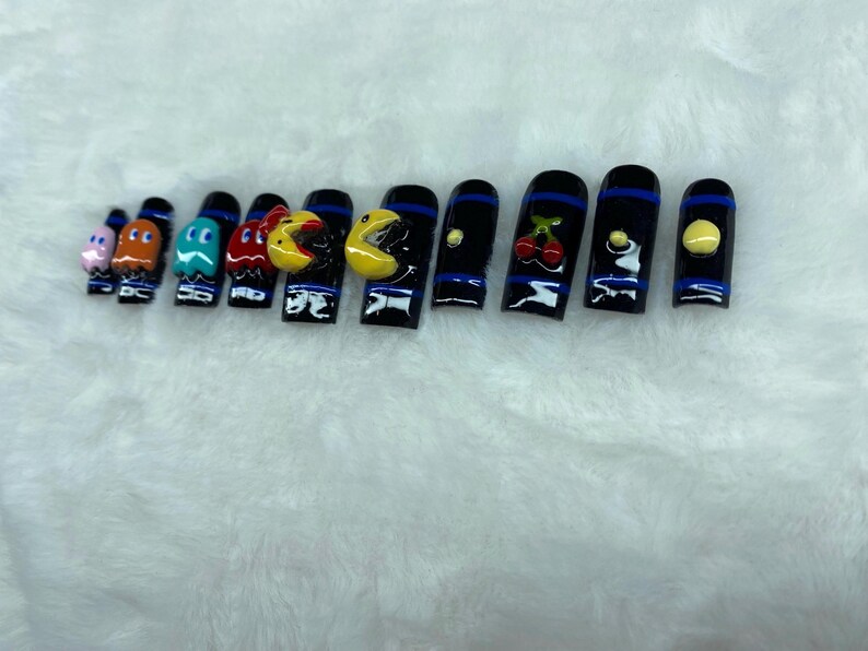 3D Pacman/mrs.pacman Press on Nails - 3D Art Pacman and Ghosts Retro ...