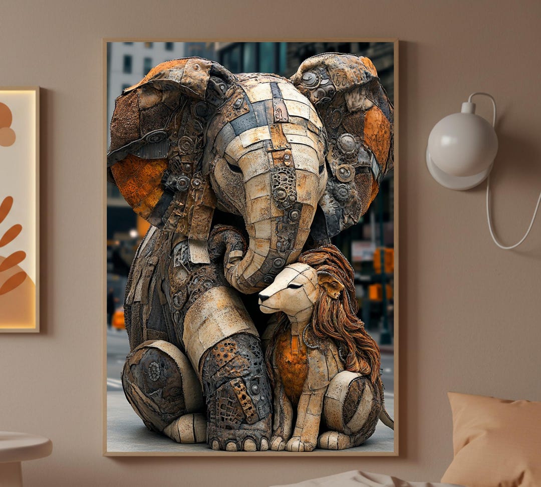 Elephant & Lion Cub in the Big City, Printable Art, Urban Jungle Safari ...