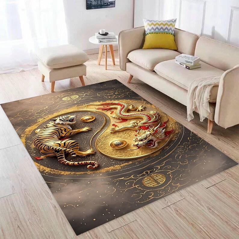 Tiger Dragon Yin Yang Rug, Asian Symbol Floor Art, Spiritual Balance ...