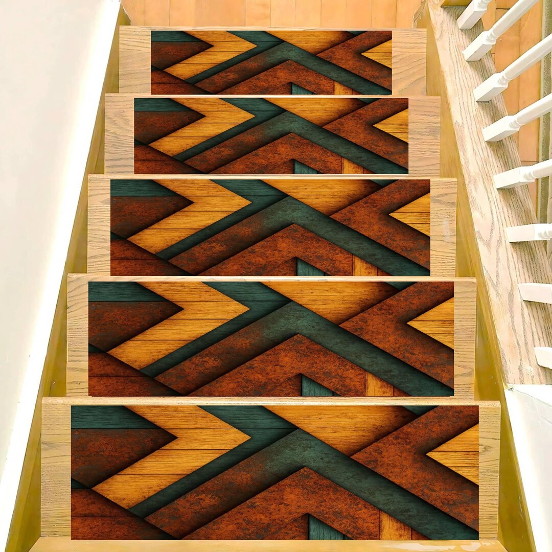 Rustic Geometric Stair Rug, Modern Wood Pattern Treads, Bold Chevron ...