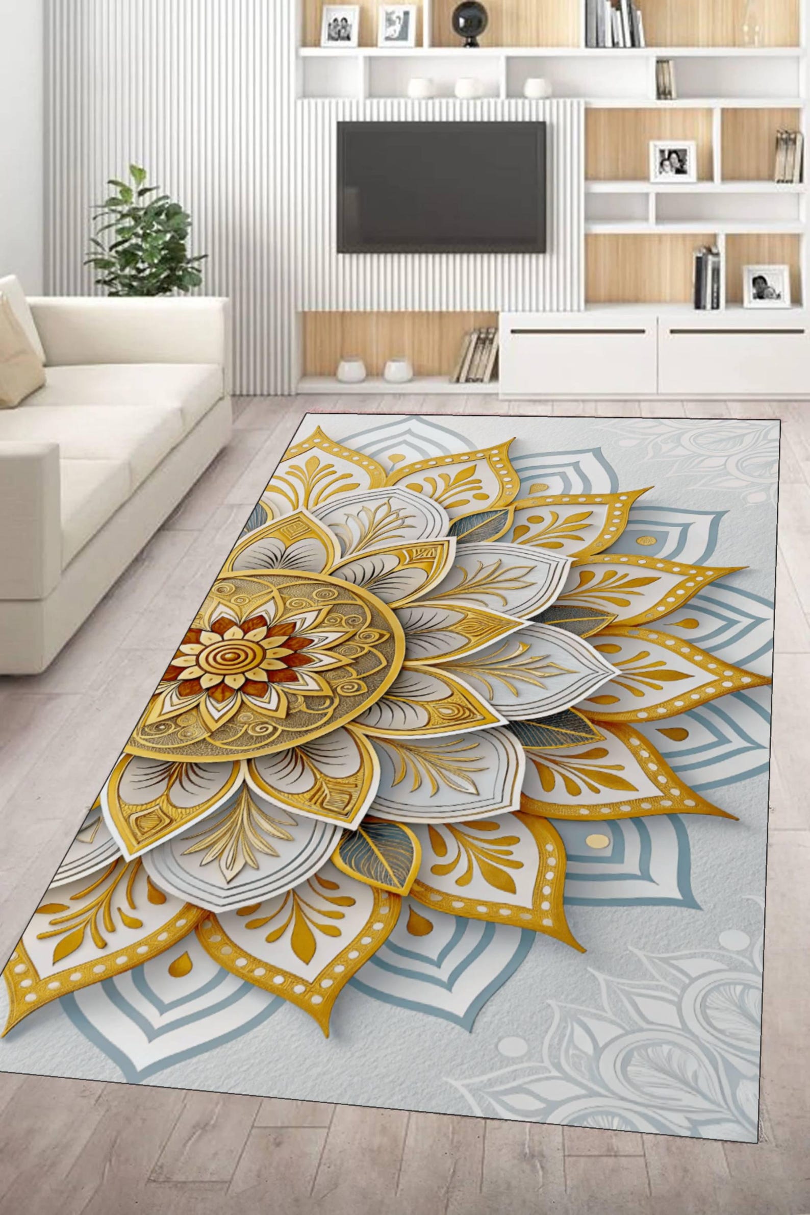 Gold Mandala Floral Rug, Intricate Boho Floor Mat, Sacred Geometry ...