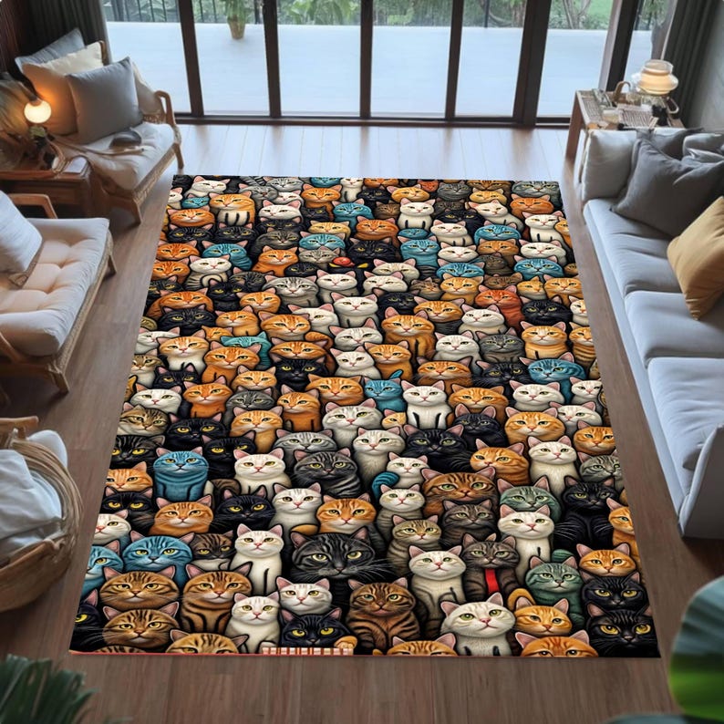 Colorful Cat Pattern Rug, Cute Kitty Design Carpet, Fun Pet Lovers ...