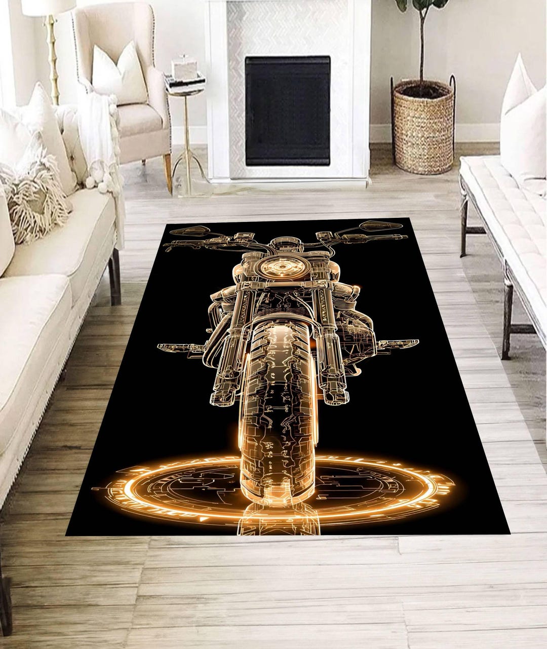 Futuristic Motorcycle Rug, Neon Glow Bike Carpet, Modern Biker Room ...