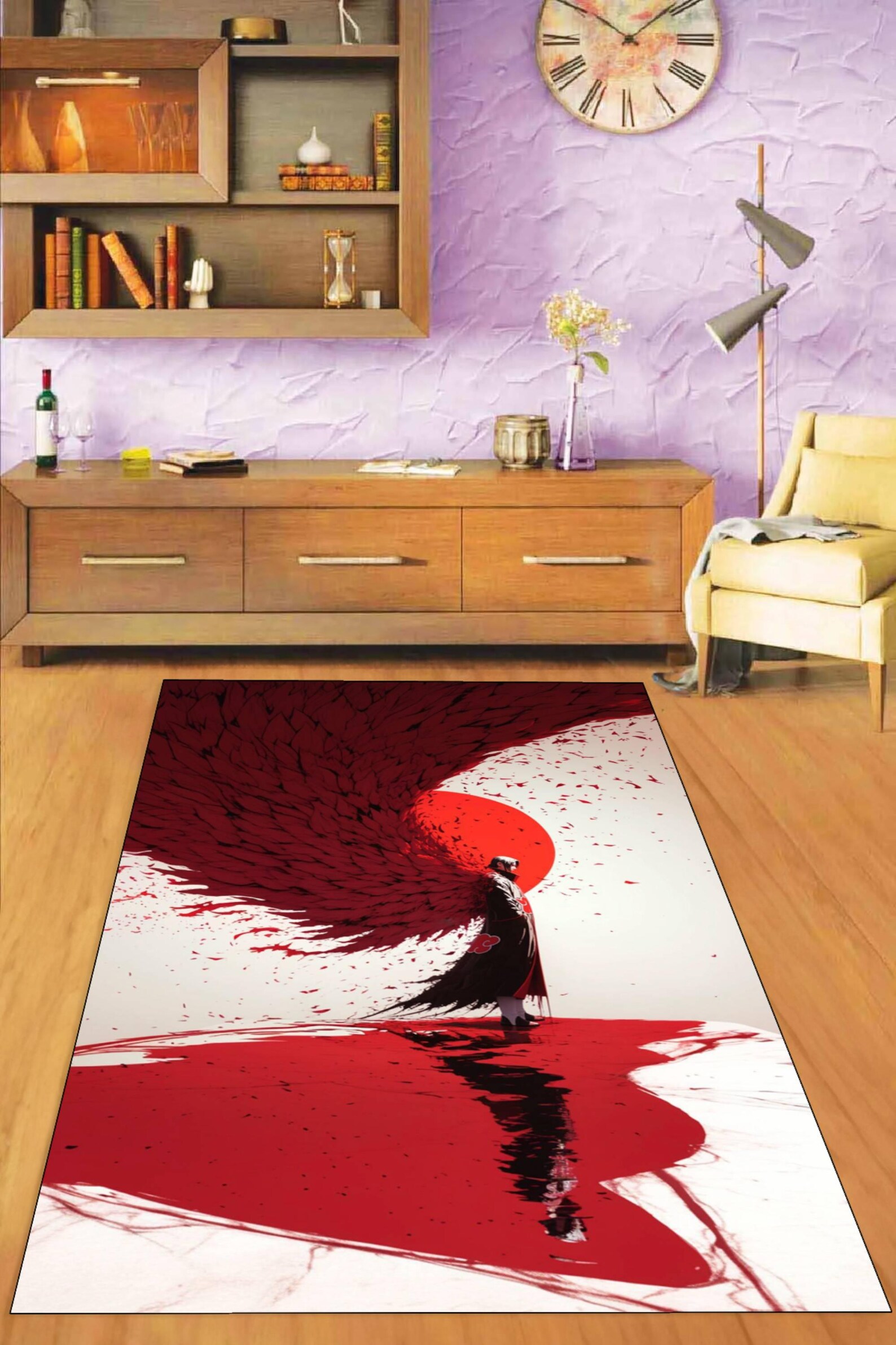 Red Sun Samurai Rug, Japanese Warrior Art Carpet, Bold Anime Style ...