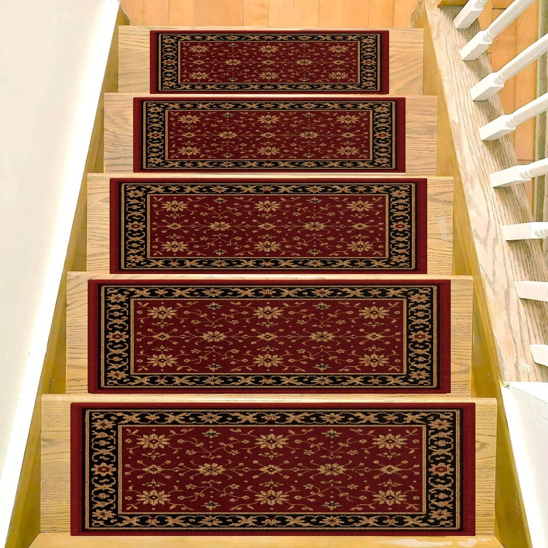 Classic Red Stair Tread Rug, Traditional Pattern Carpet, Non Slip ...