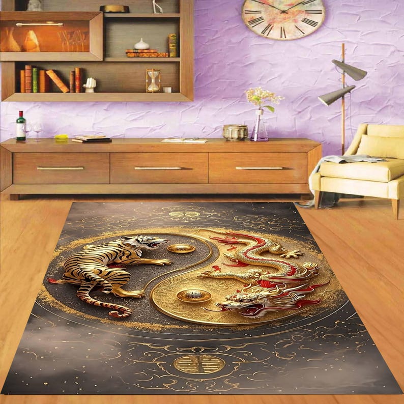 Tiger Dragon Yin Yang Rug, Asian Symbol Floor Art, Spiritual Balance ...