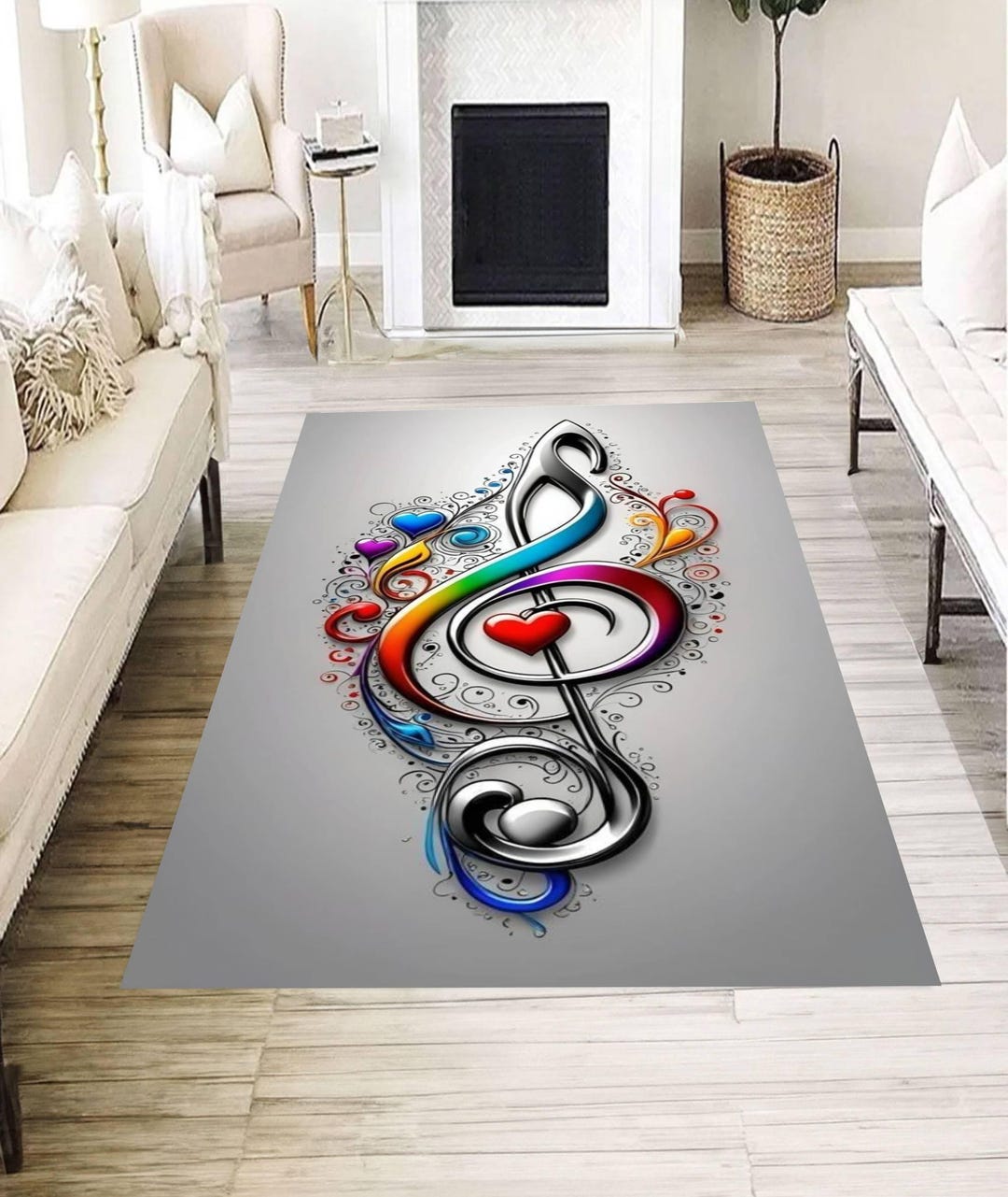 Colorful Music Note Rug, Artistic Treble Clef Carpet, Modern Music ...