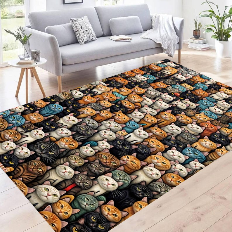 Colorful Cat Pattern Rug, Cute Kitty Design Carpet, Fun Pet Lovers ...