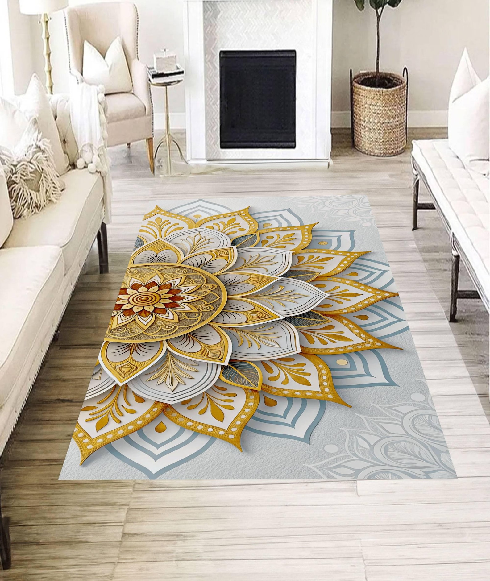 Gold Mandala Floral Rug, Intricate Boho Floor Mat, Sacred Geometry ...