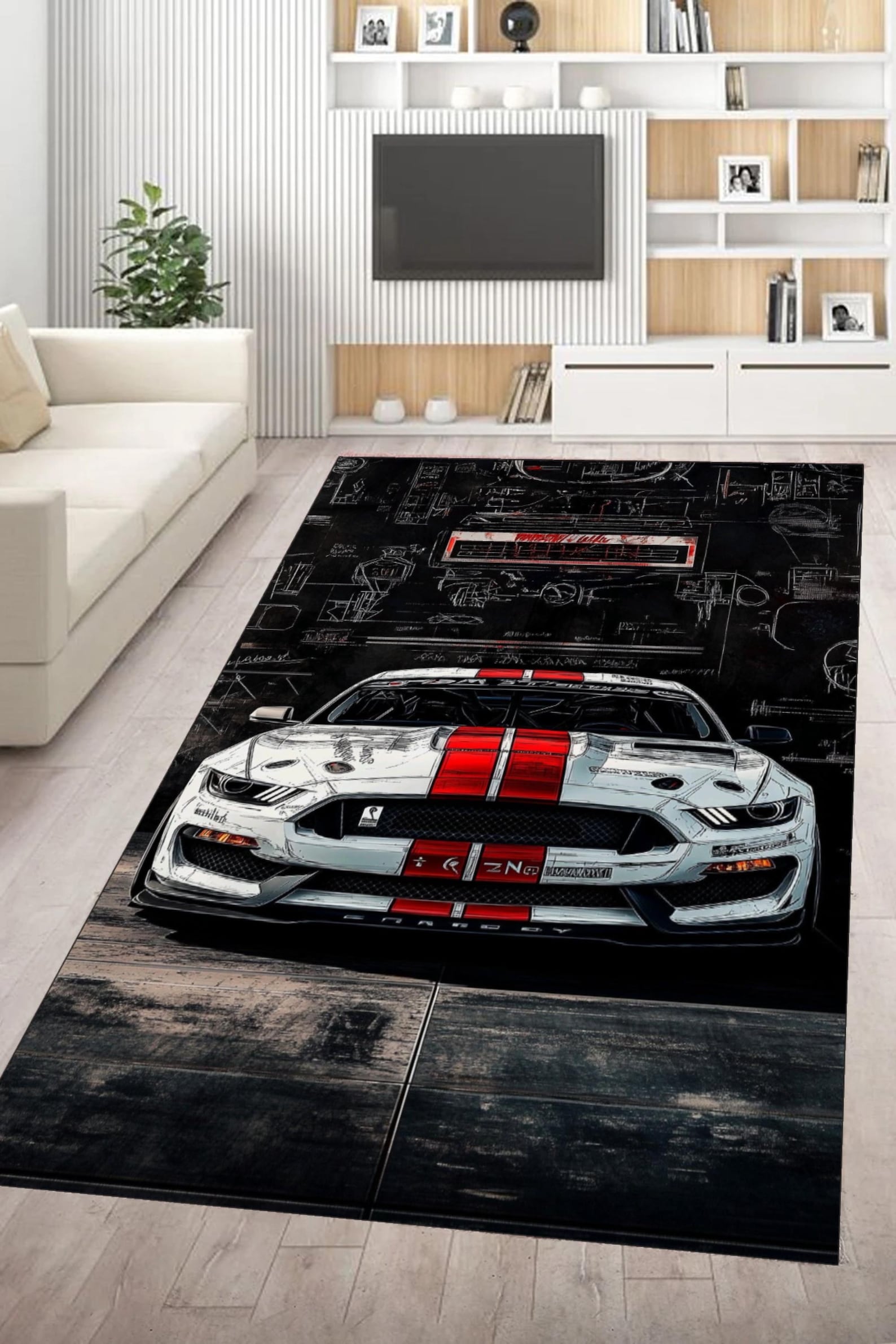 Muscle Car Blueprint Rug, Modern Automotive Art Area Carpet for Garage ...