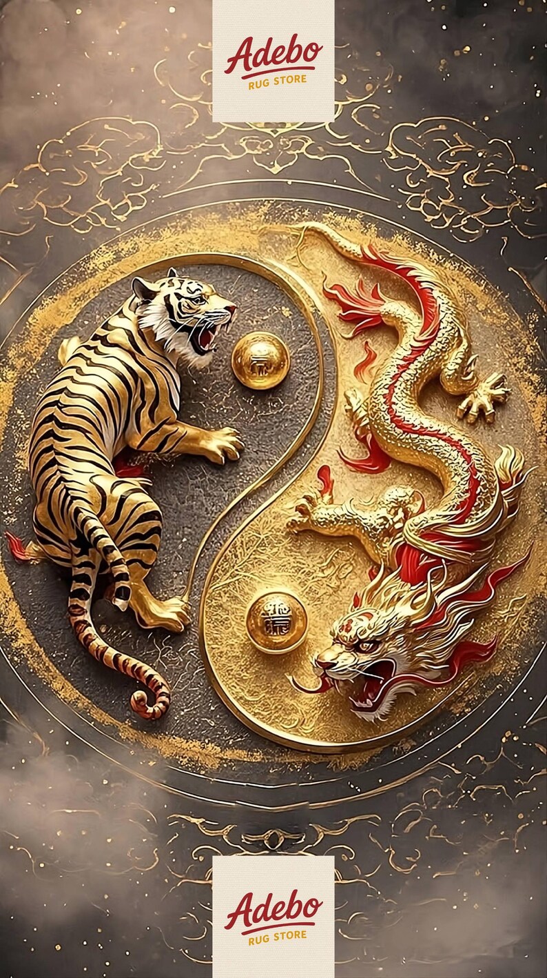 Tiger Dragon Yin Yang Rug, Asian Symbol Floor Art, Spiritual Balance ...