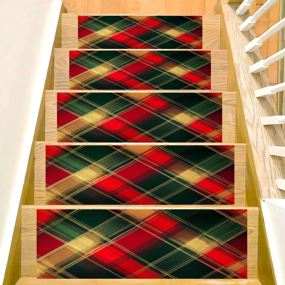 Plaid Stair Treads Set, Red Green Check Pattern Step Covers for Home ...
