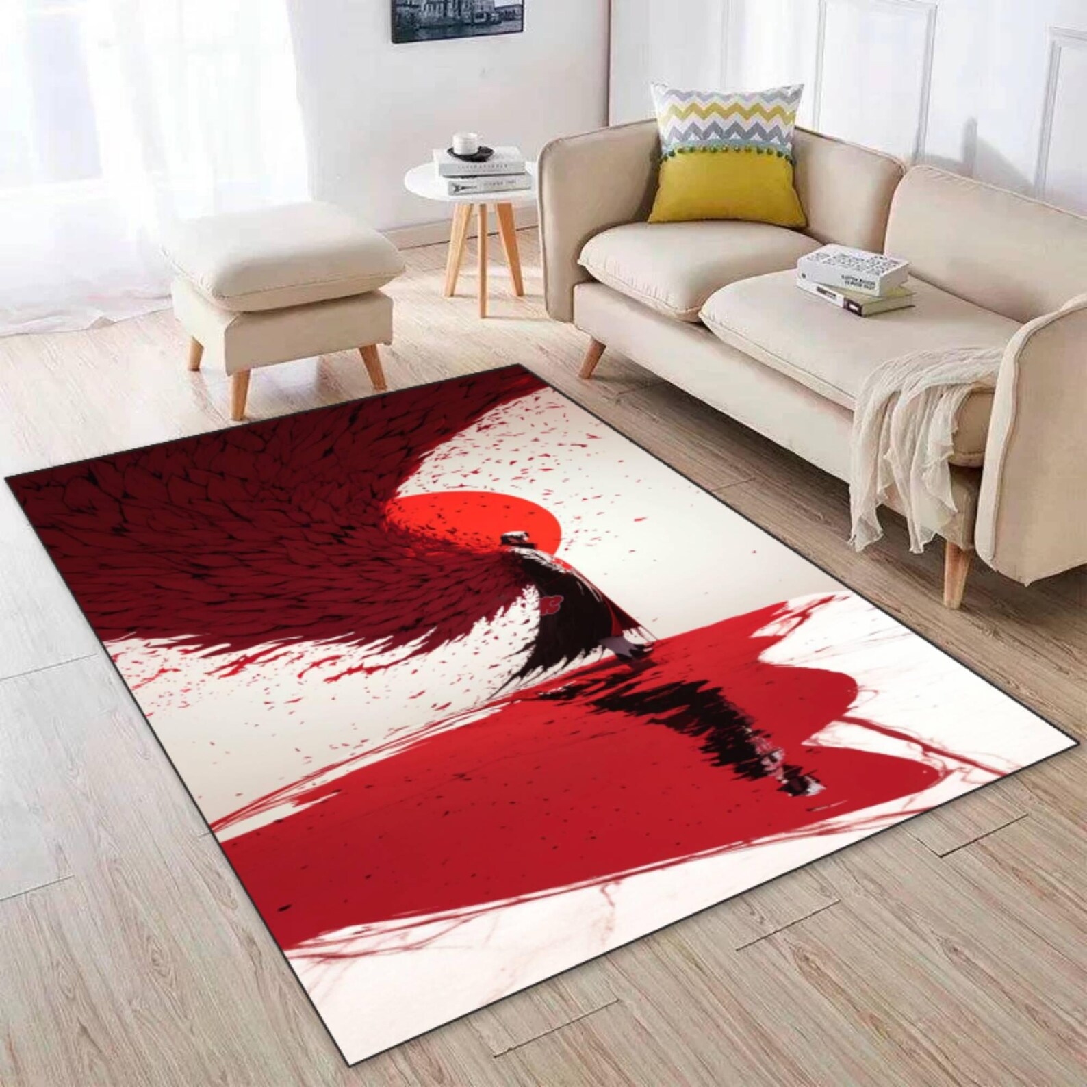 Red Sun Samurai Rug, Japanese Warrior Art Carpet, Bold Anime Style ...