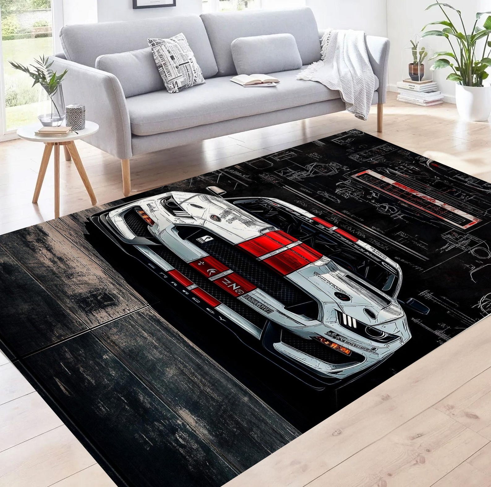 Muscle Car Blueprint Rug, Modern Automotive Art Area Carpet for Garage ...