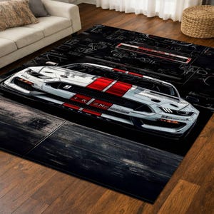 Muscle Car Blueprint Rug, Modern Automotive Art Area Carpet for Garage ...