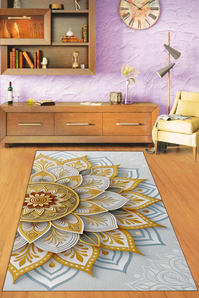 Gold Mandala Floral Rug, Intricate Boho Floor Mat, Sacred Geometry ...