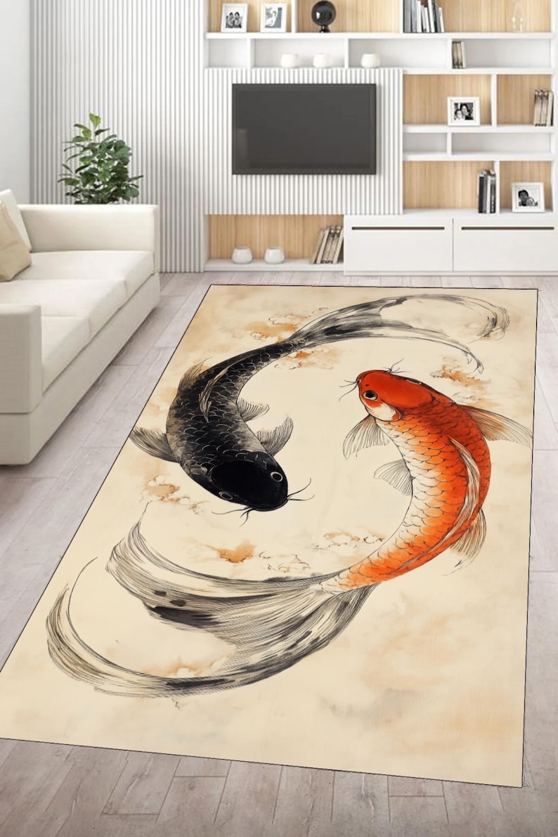 Yin Yang Koi Fish Rug, Japanese Art Style Floor Mat, Zen Minimalist ...