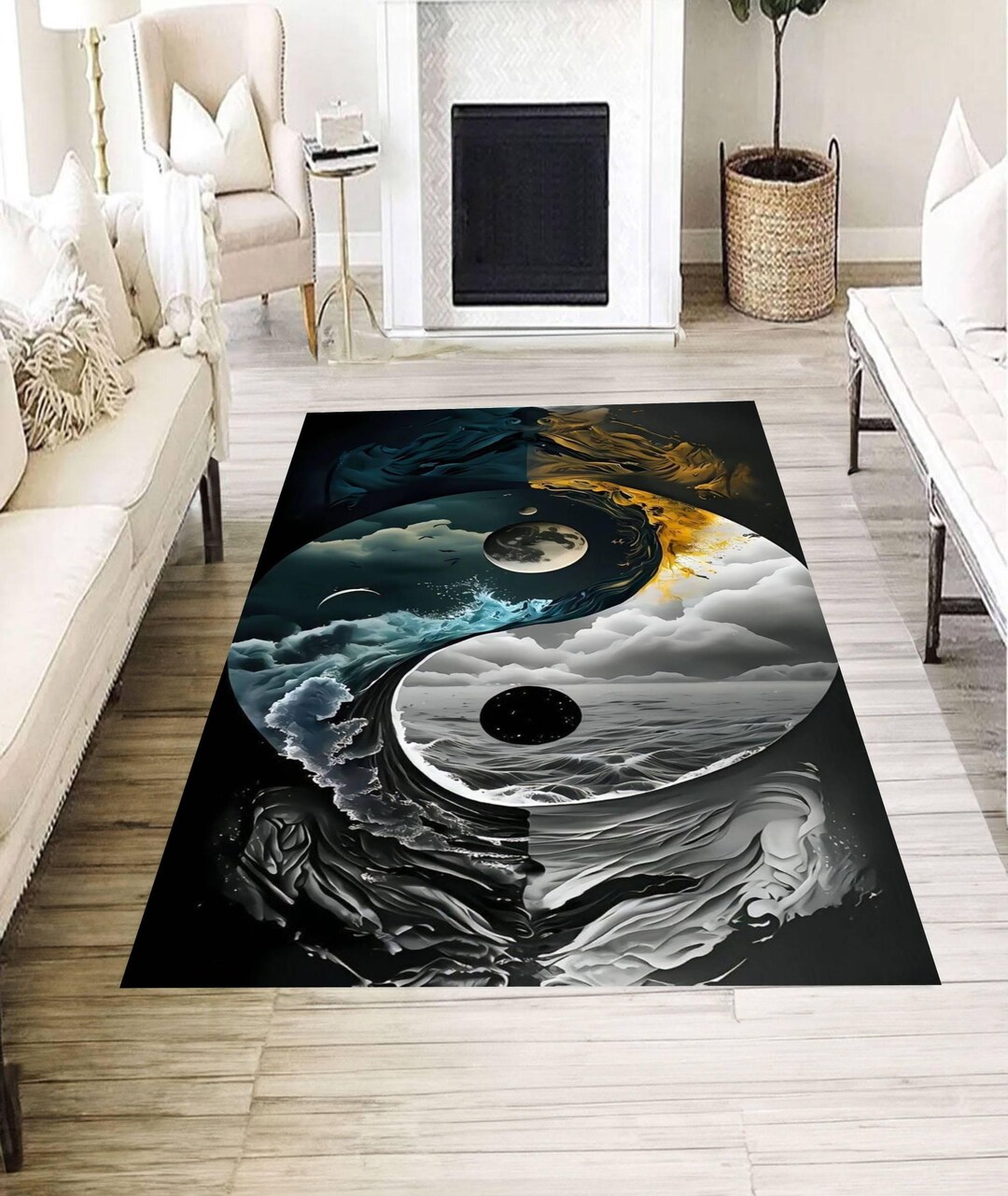 Yin Yang Wave Rug, Spiritual Ocean Carpet, Zen Moon Design Floor Mat ...