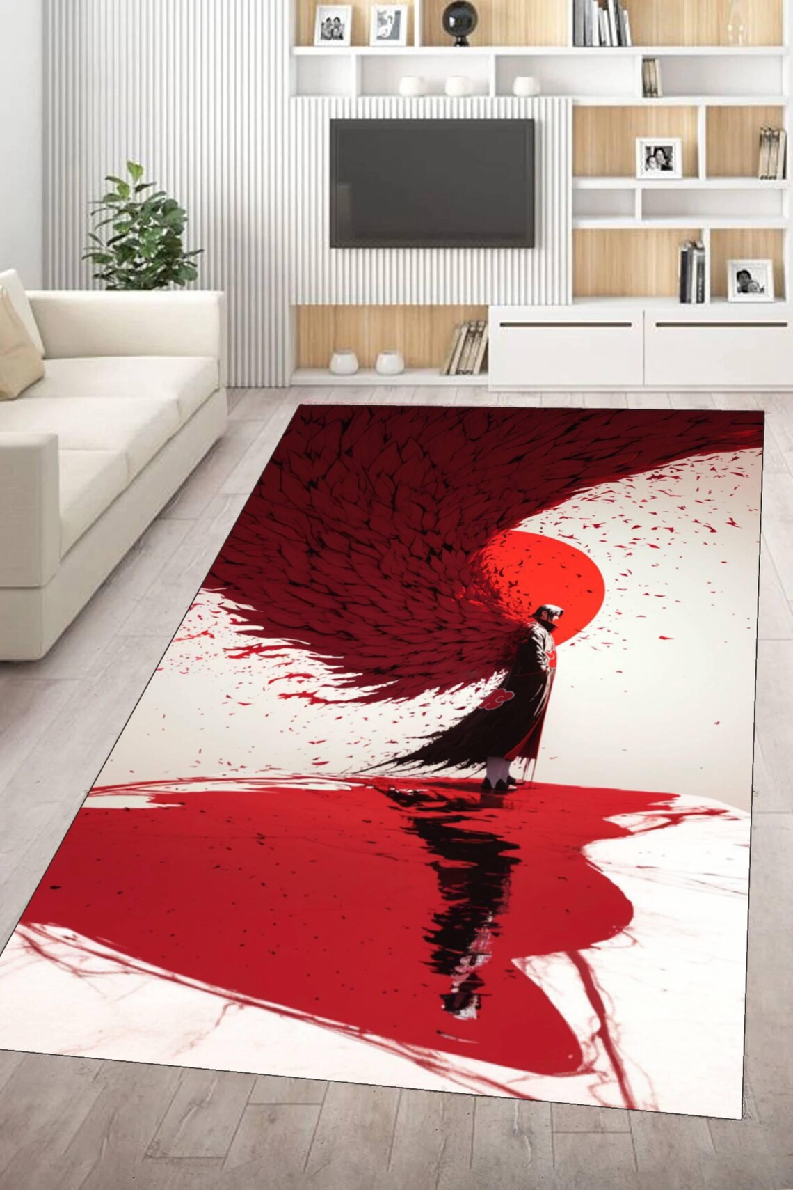 Red Sun Samurai Rug, Japanese Warrior Art Carpet, Bold Anime Style ...
