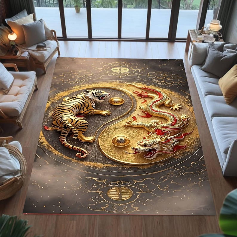 Tiger Dragon Yin Yang Rug, Asian Symbol Floor Art, Spiritual Balance ...