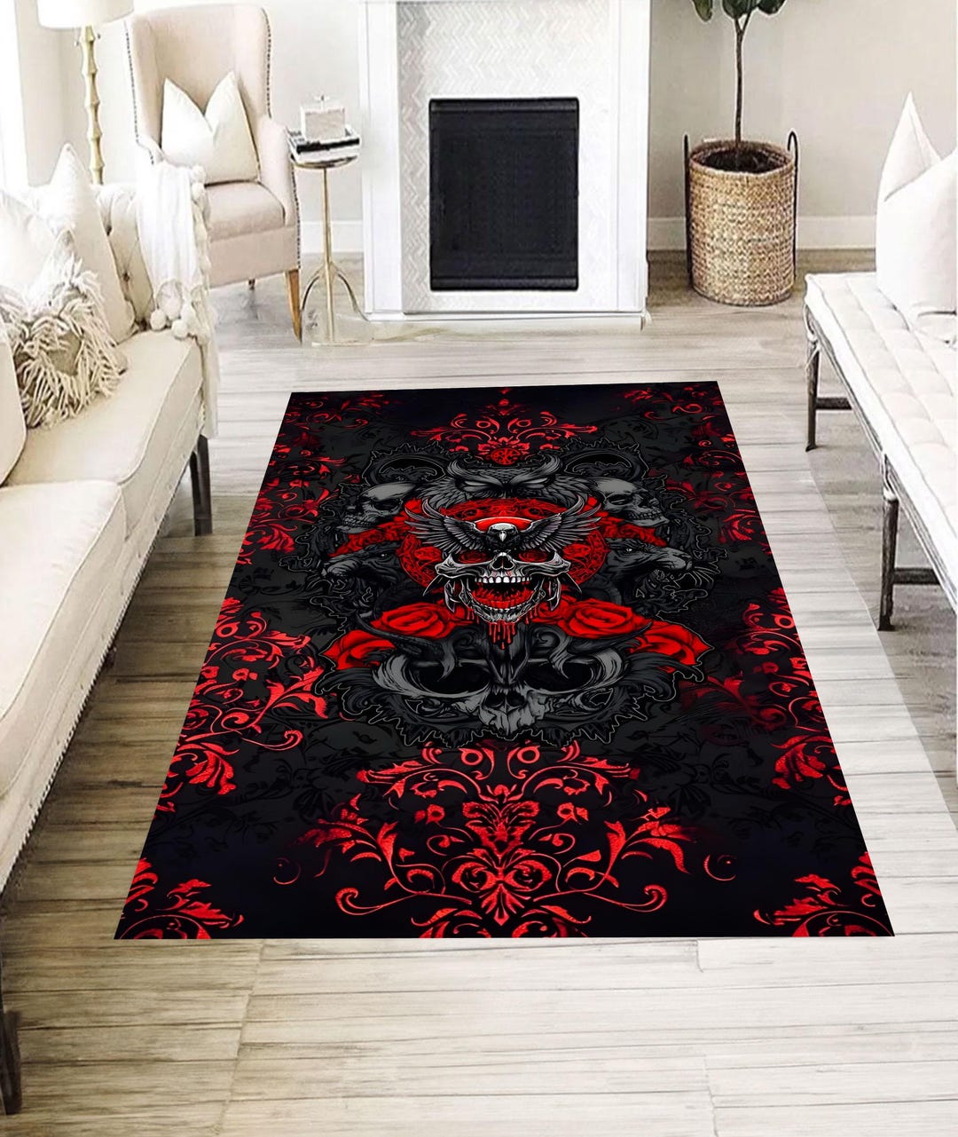 Gothic Skull Rose Rug, Dark Red and Black Horror Carpet, Punk Rock Room ...