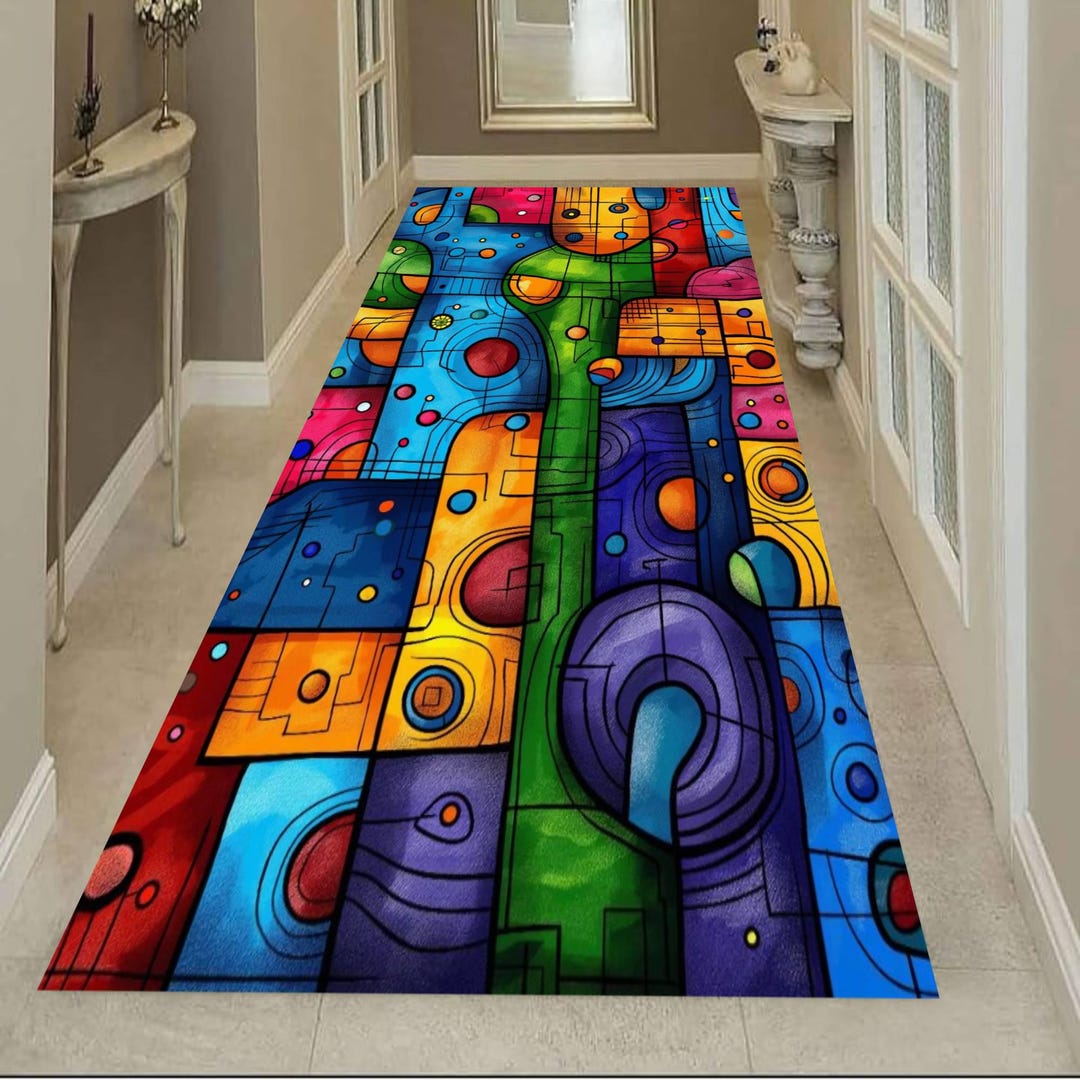 Abstract Hallway Runner Rug, Colorful Modern Carpet, Geometric Art ...