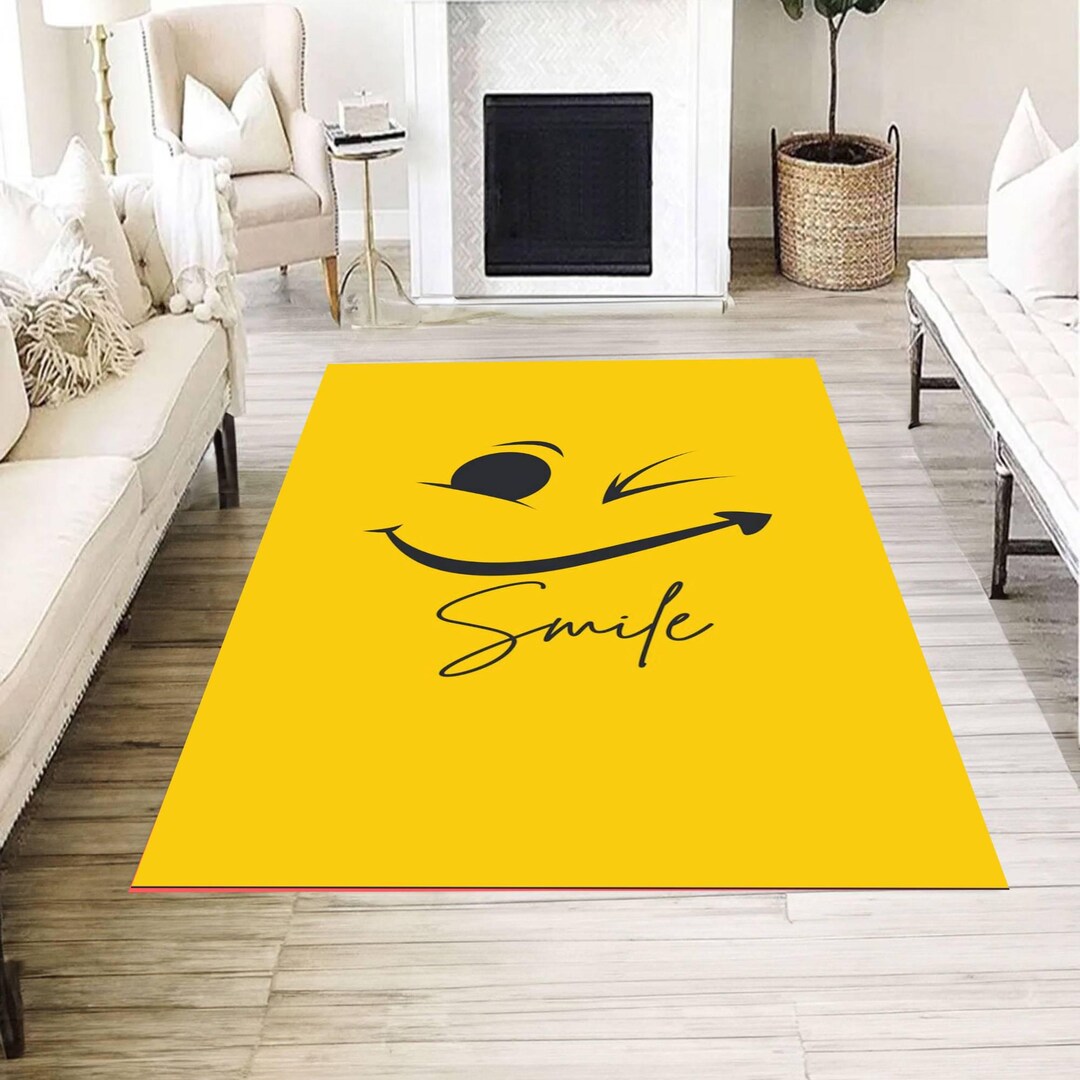Yellow Smile Face Area Rug, Modern Minimalist Happy Emoji Floor Decor ...