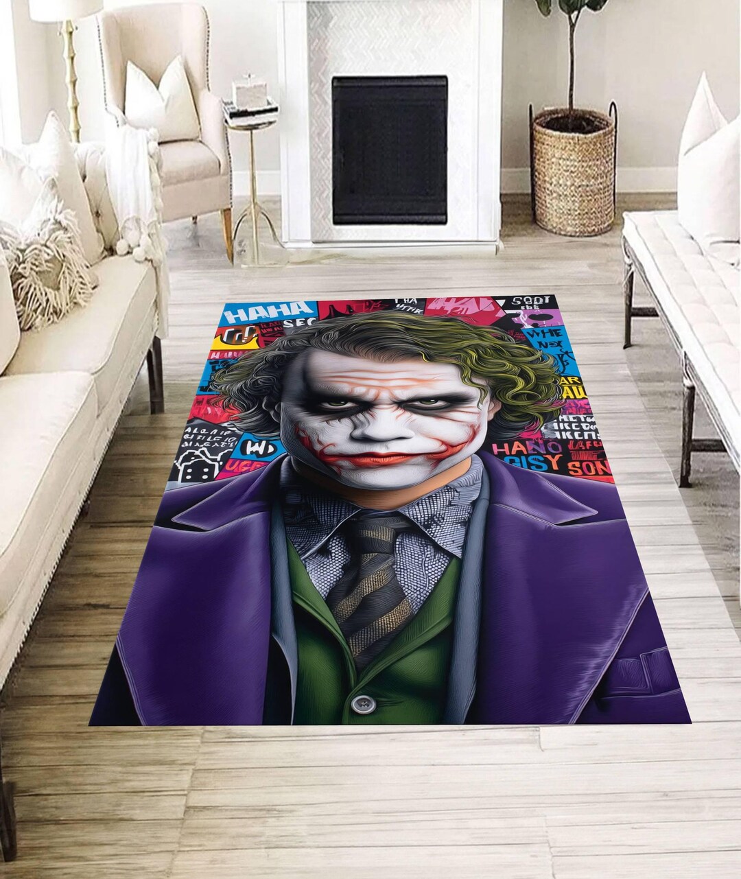 Dark Clown Villain Rug, Colorful Comic Style Floor Mat, Grunge Pop Art ...