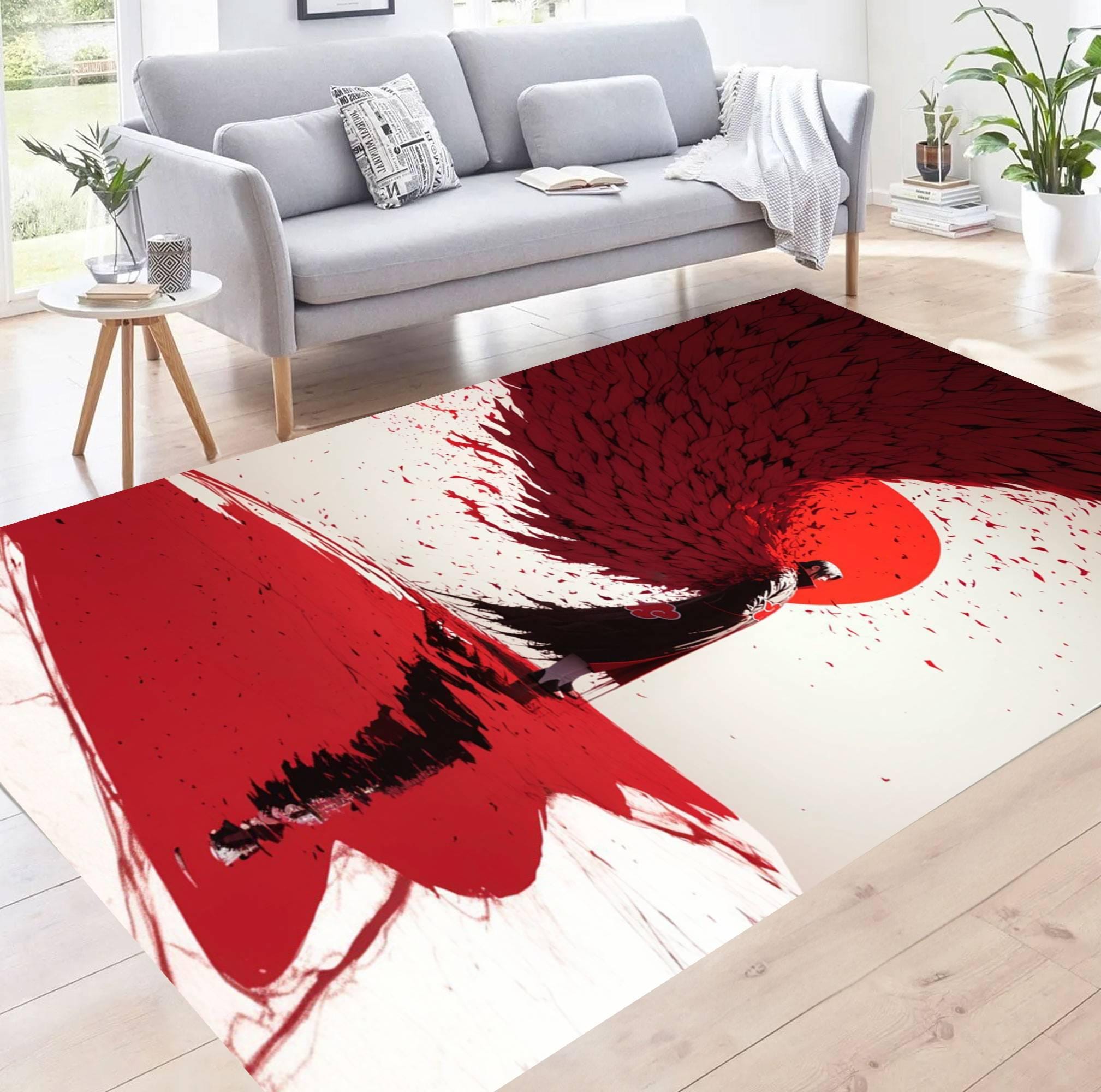 Red Sun Samurai Rug, Japanese Warrior Art Carpet, Bold Anime Style ...